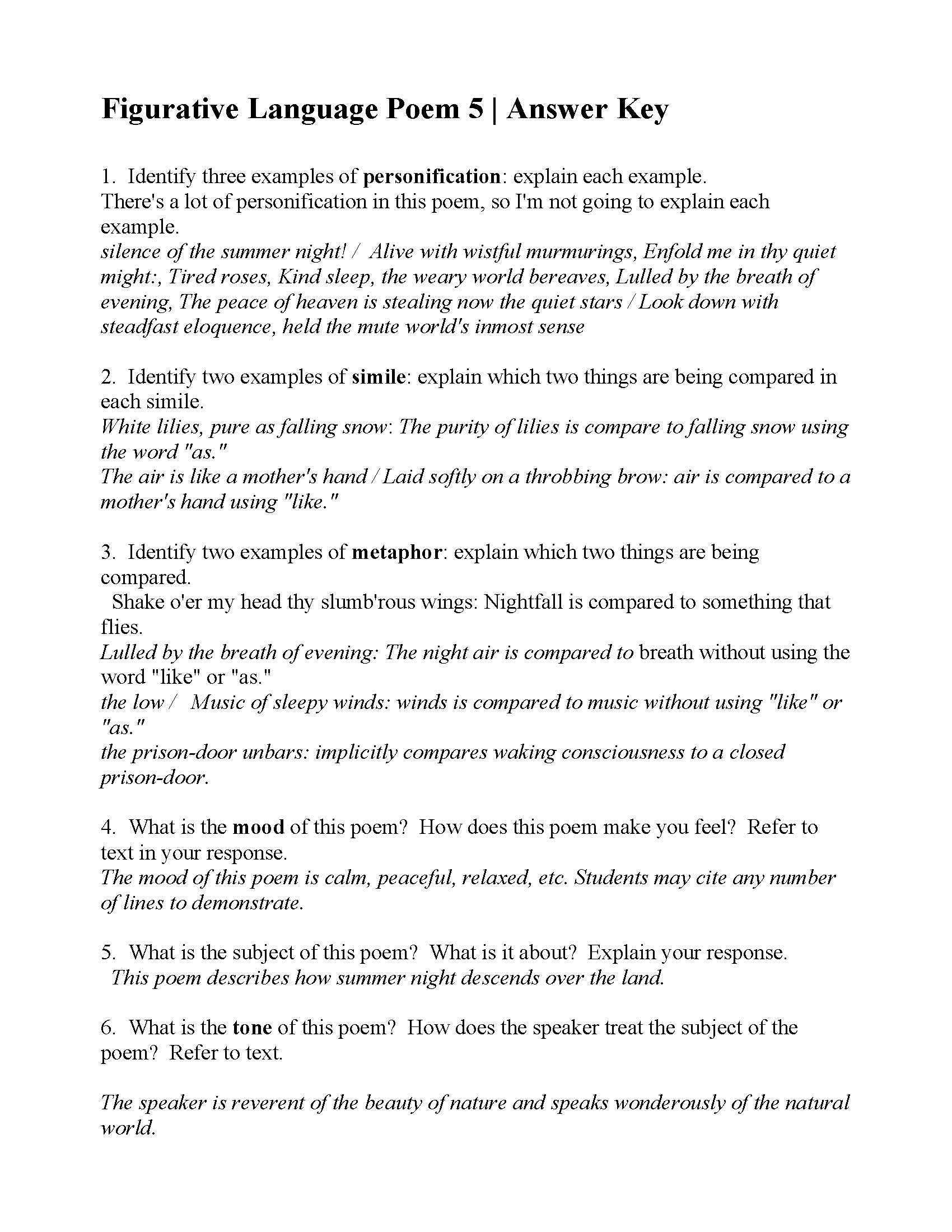 Figurative Language Poem 5 Sleep By Annie Matheson Answers Figurative Language Poem 5 Sleep By Annie Matheson Answers