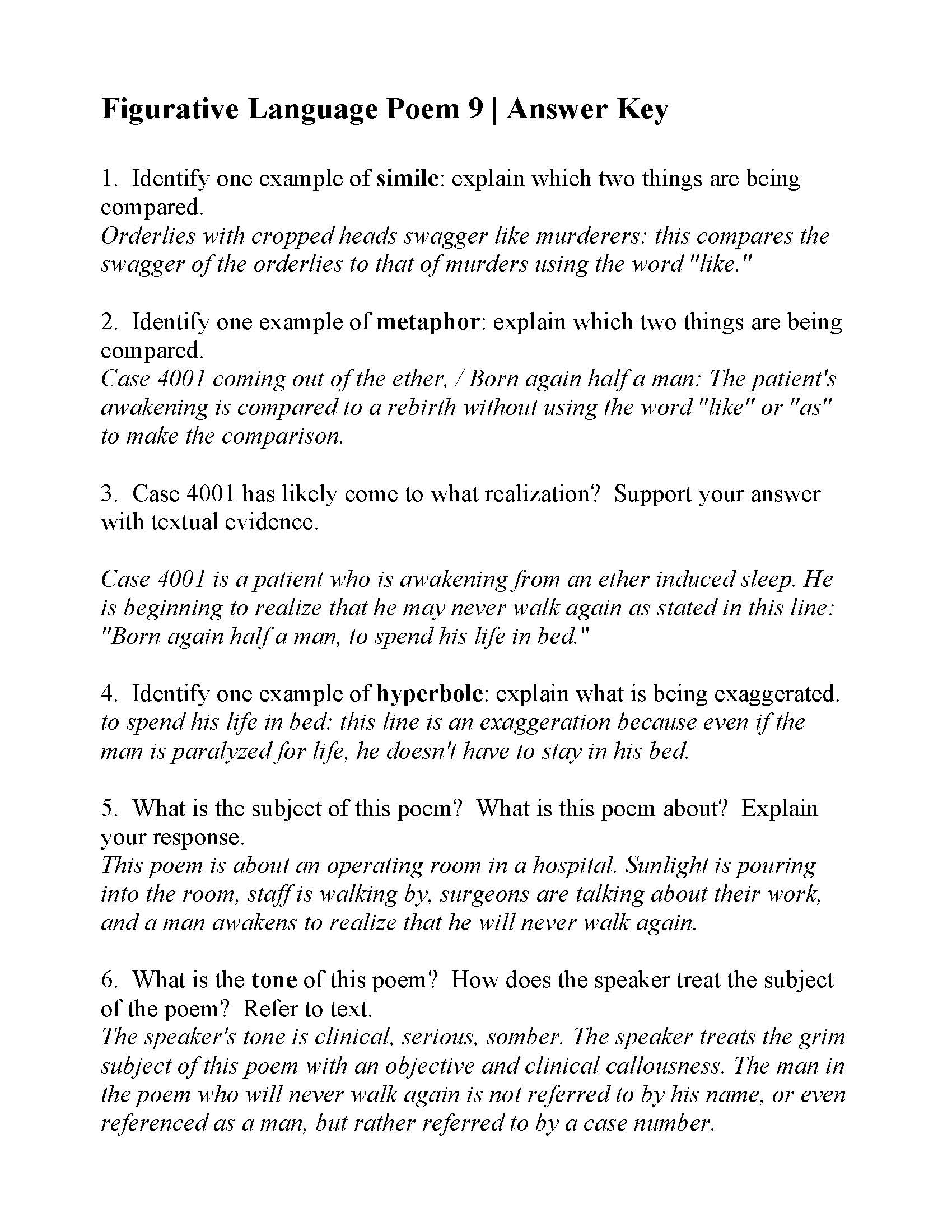 Figurative Language Poem 9 Operating Room By John Reed Answers Figurative Language Poem 9 Operating Room By John Reed Answers