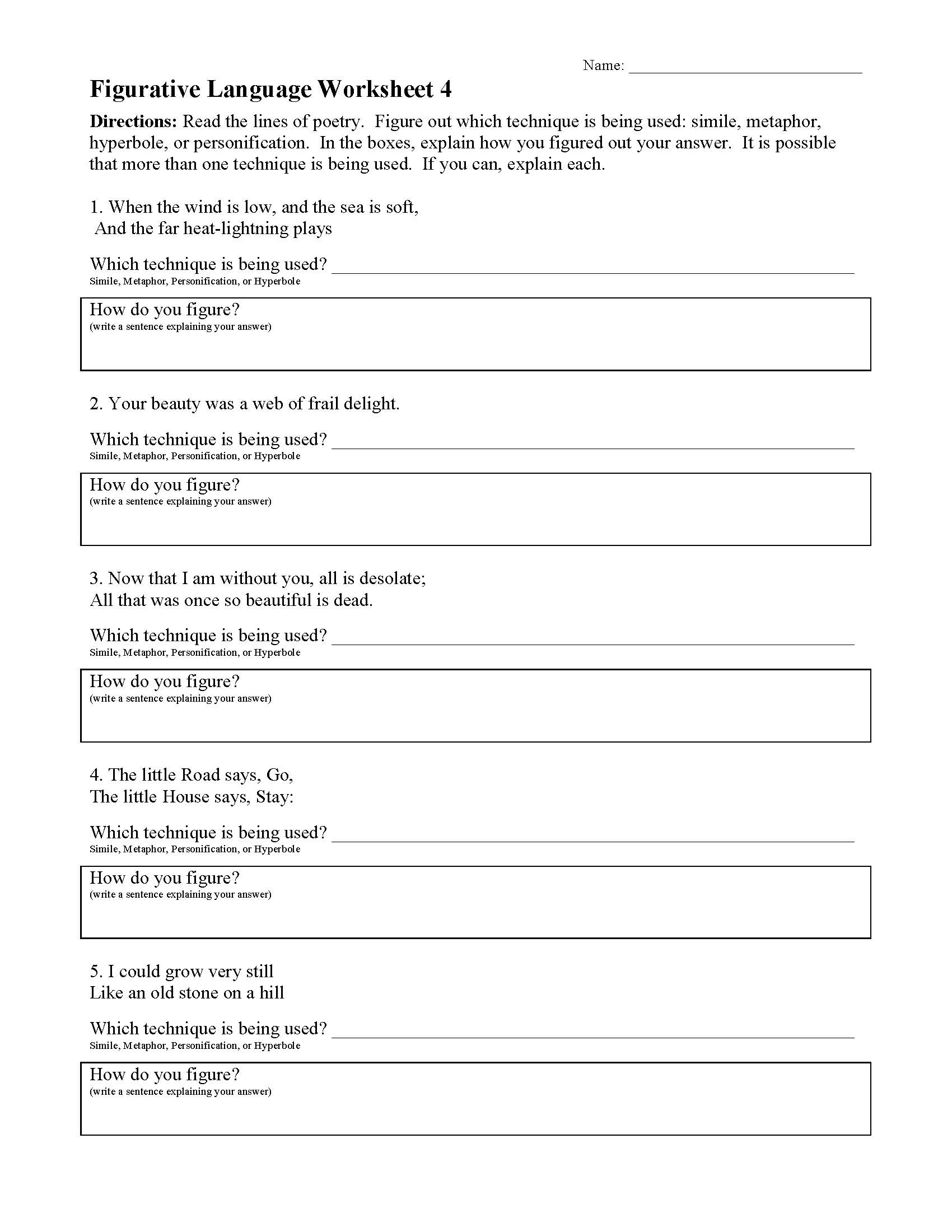 Figurative Language Worksheet 4 | Reading Activity