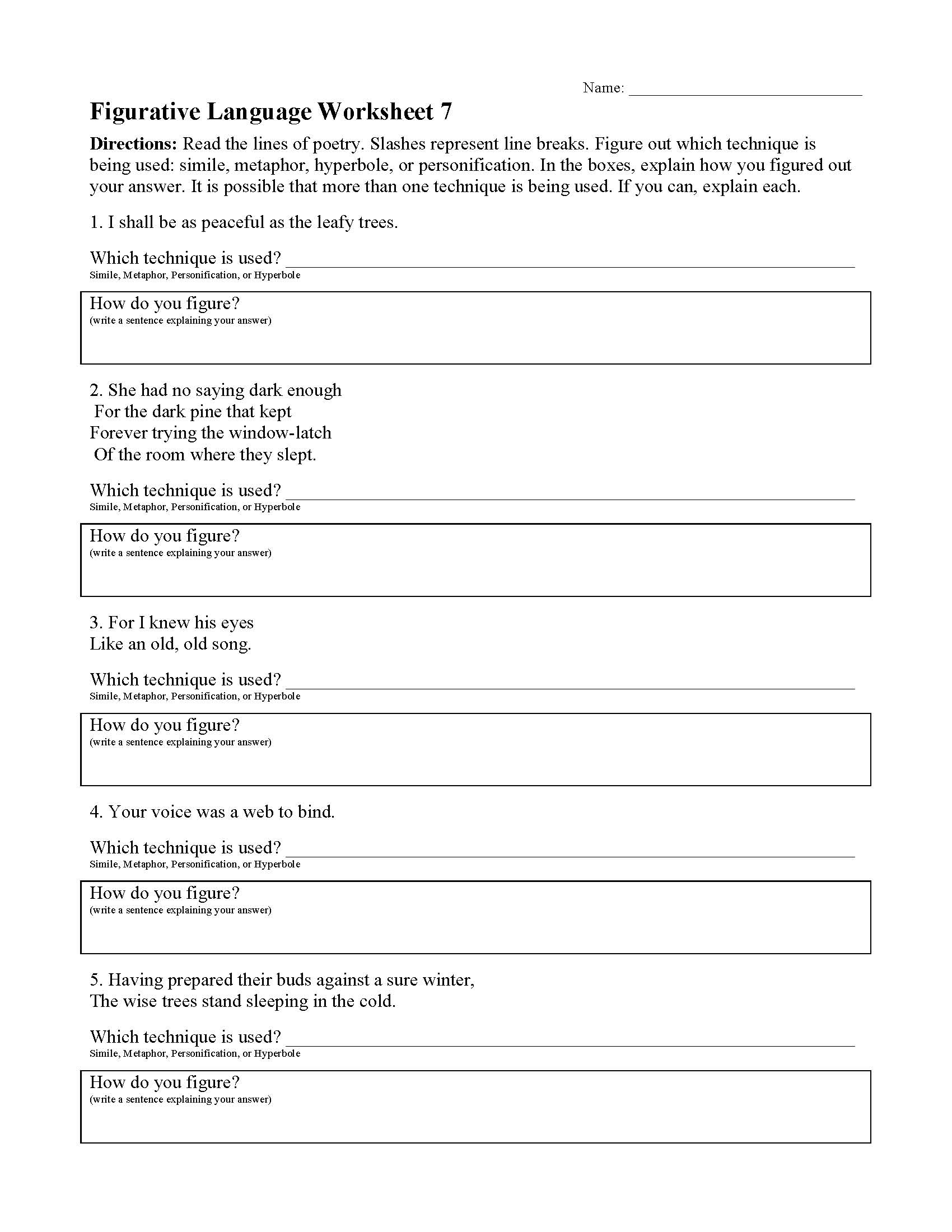 6th Grade Figurative Language Worksheets