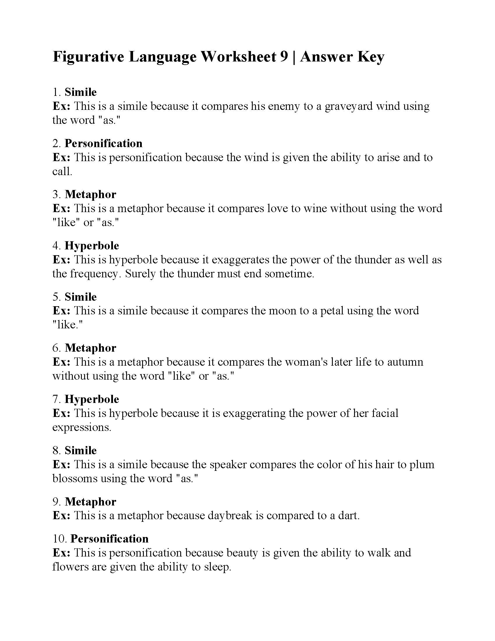 Figurative Language Worksheet 23 Answers