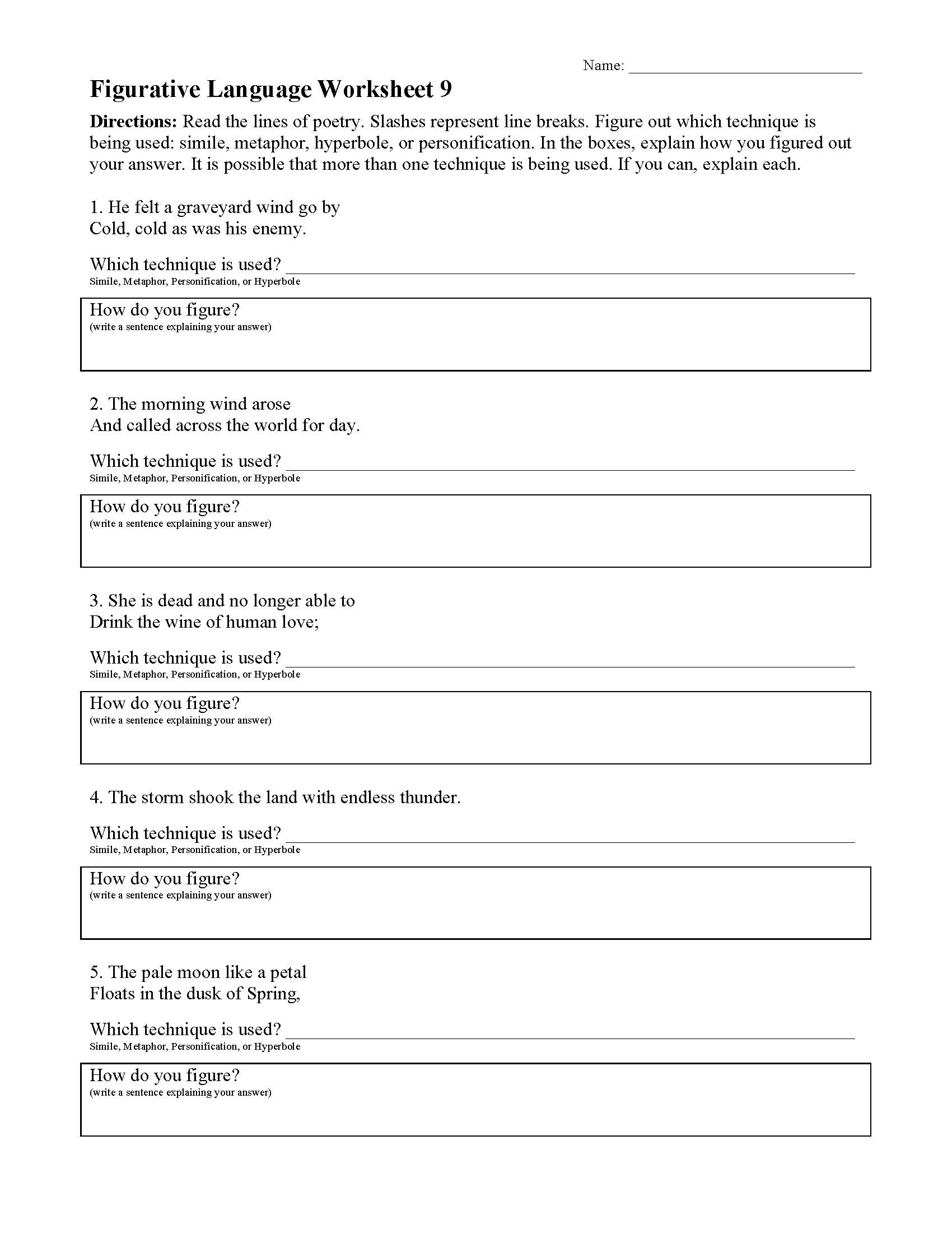 Figurative Language Worksheet 11 Answers