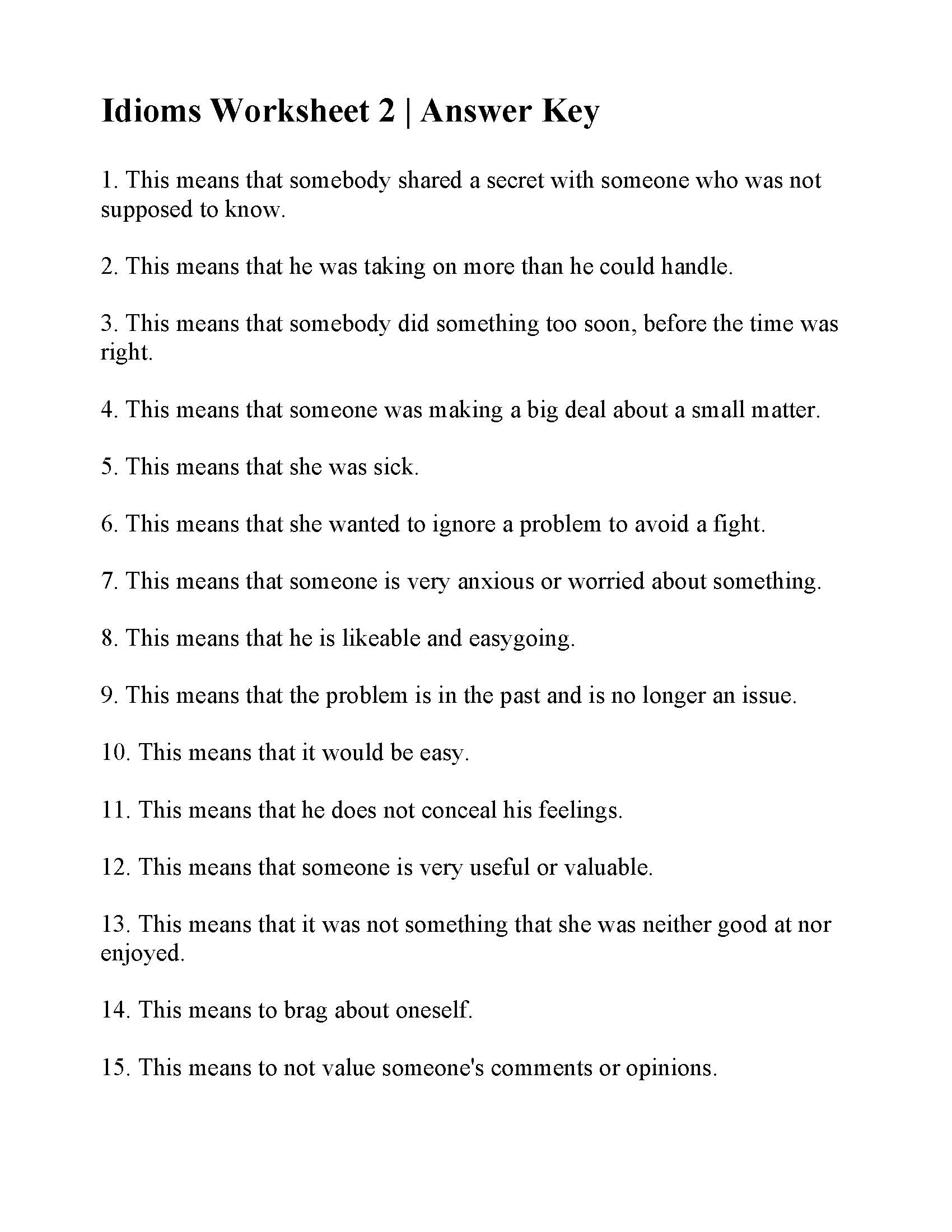 Idioms Worksheet 2 Answers
