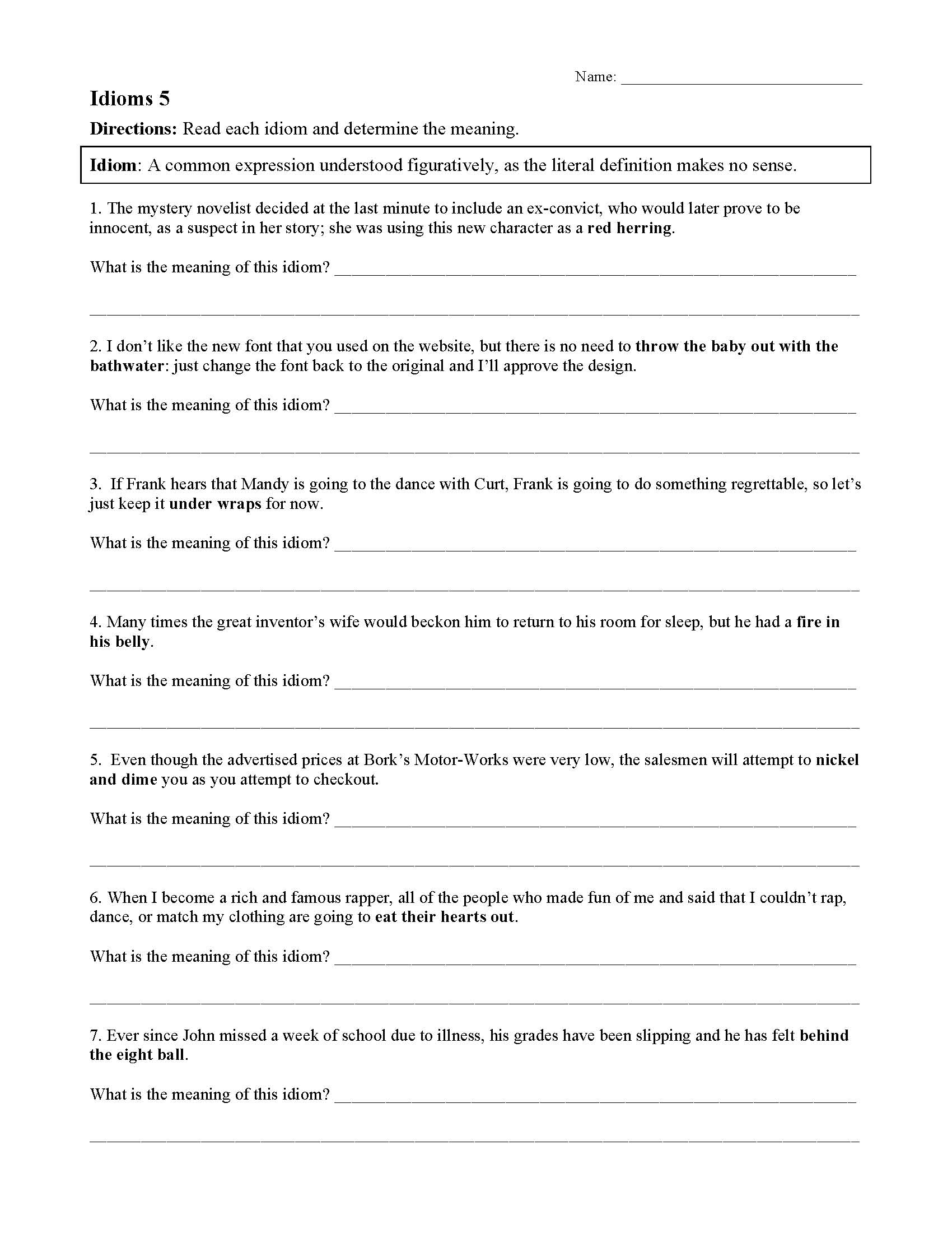 Idiom Worksheet 5 Reading Activity Idiom Worksheet 5 Reading Activity