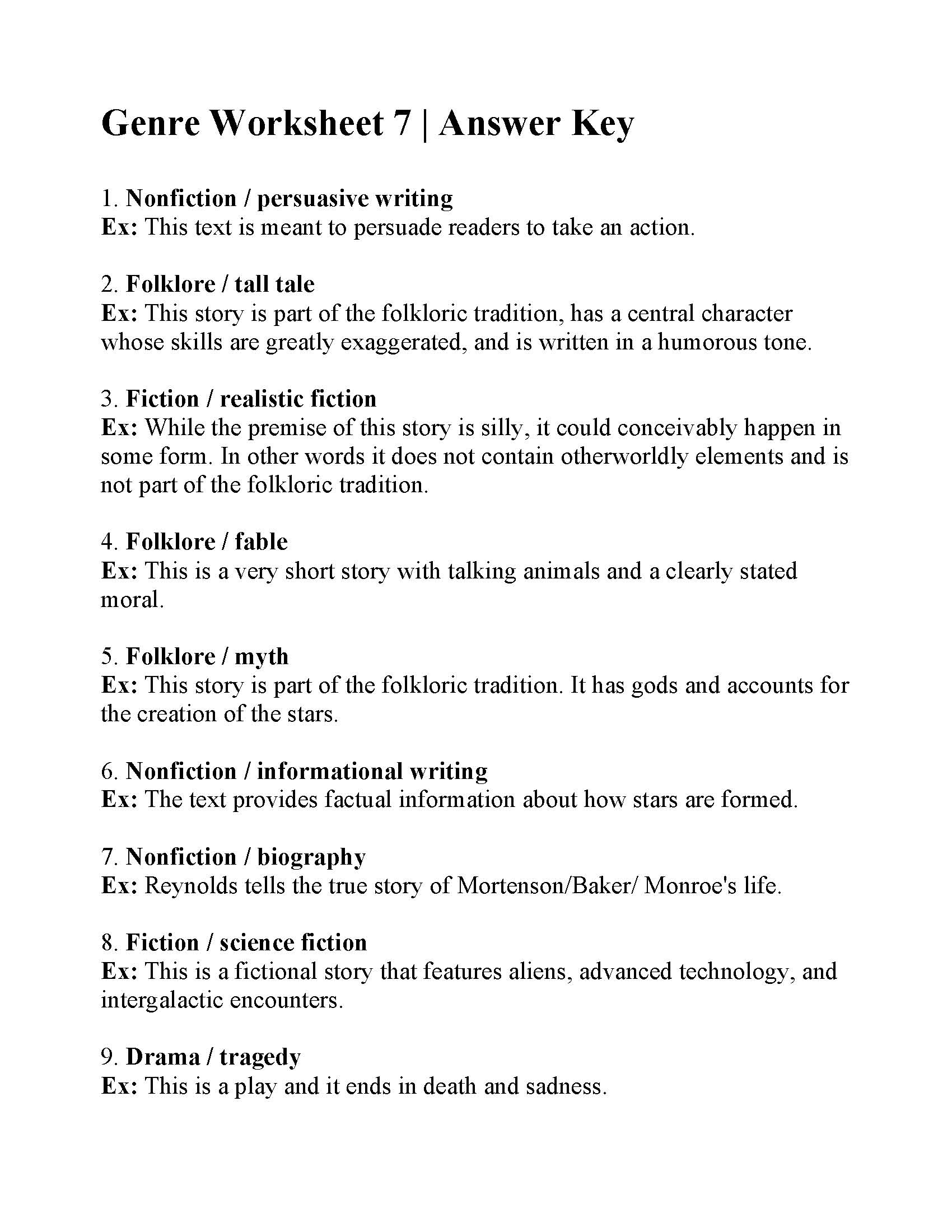 Genre Worksheet 7 Answers