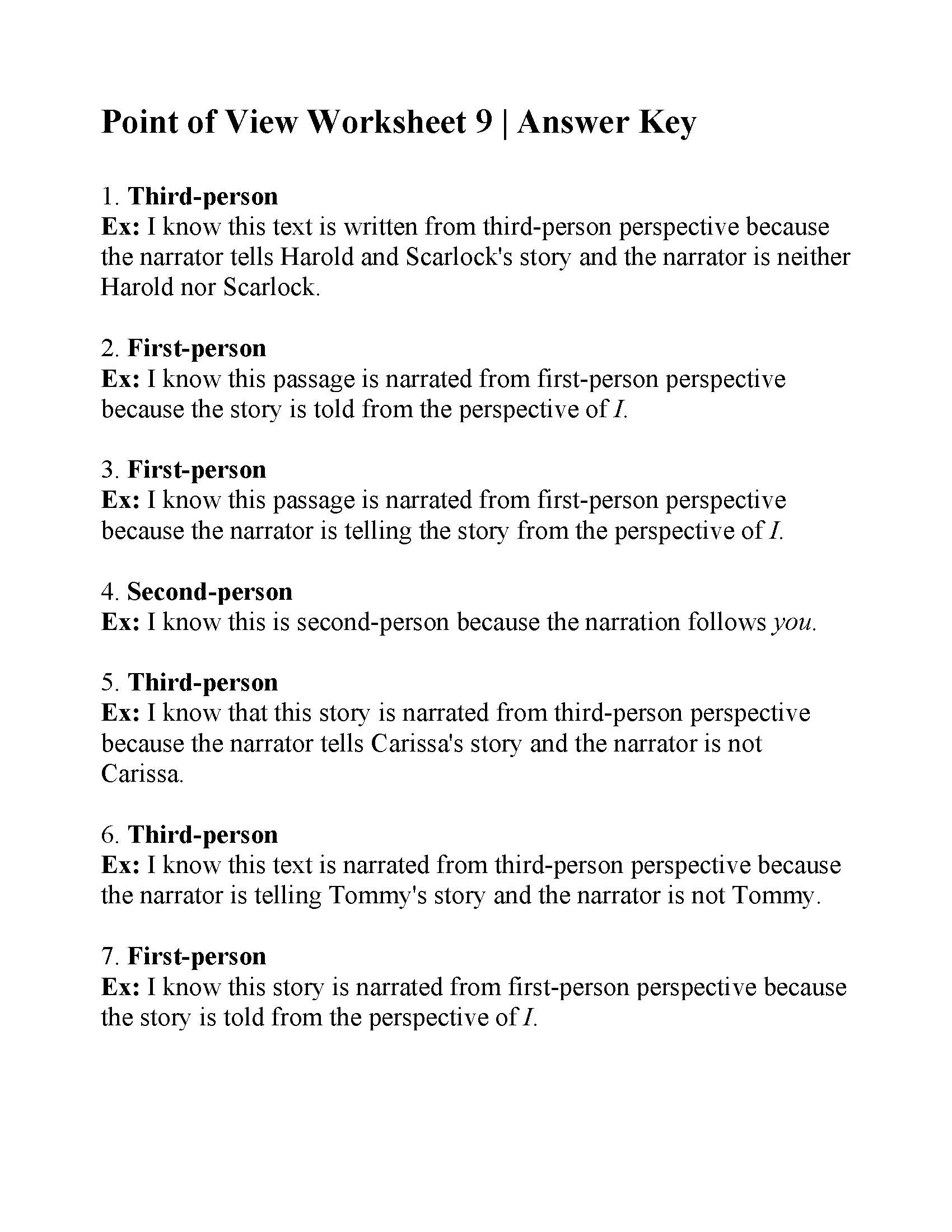 Point Of View Worksheet 9 Answers Point Of View Worksheet 9 Answers