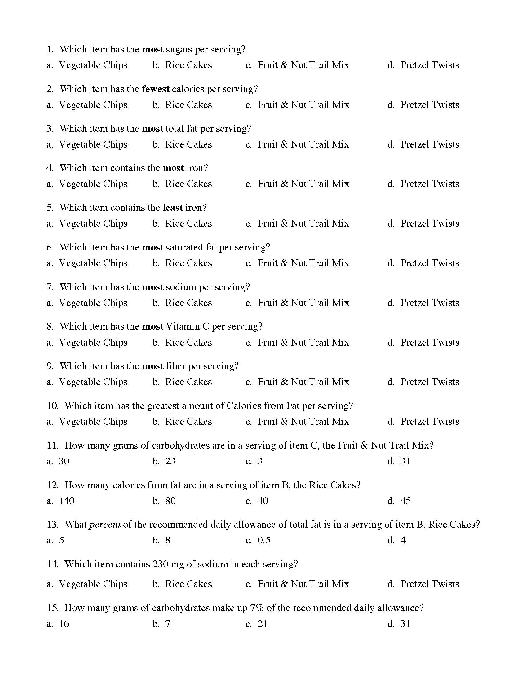 Nutrition Label Worksheet Answers