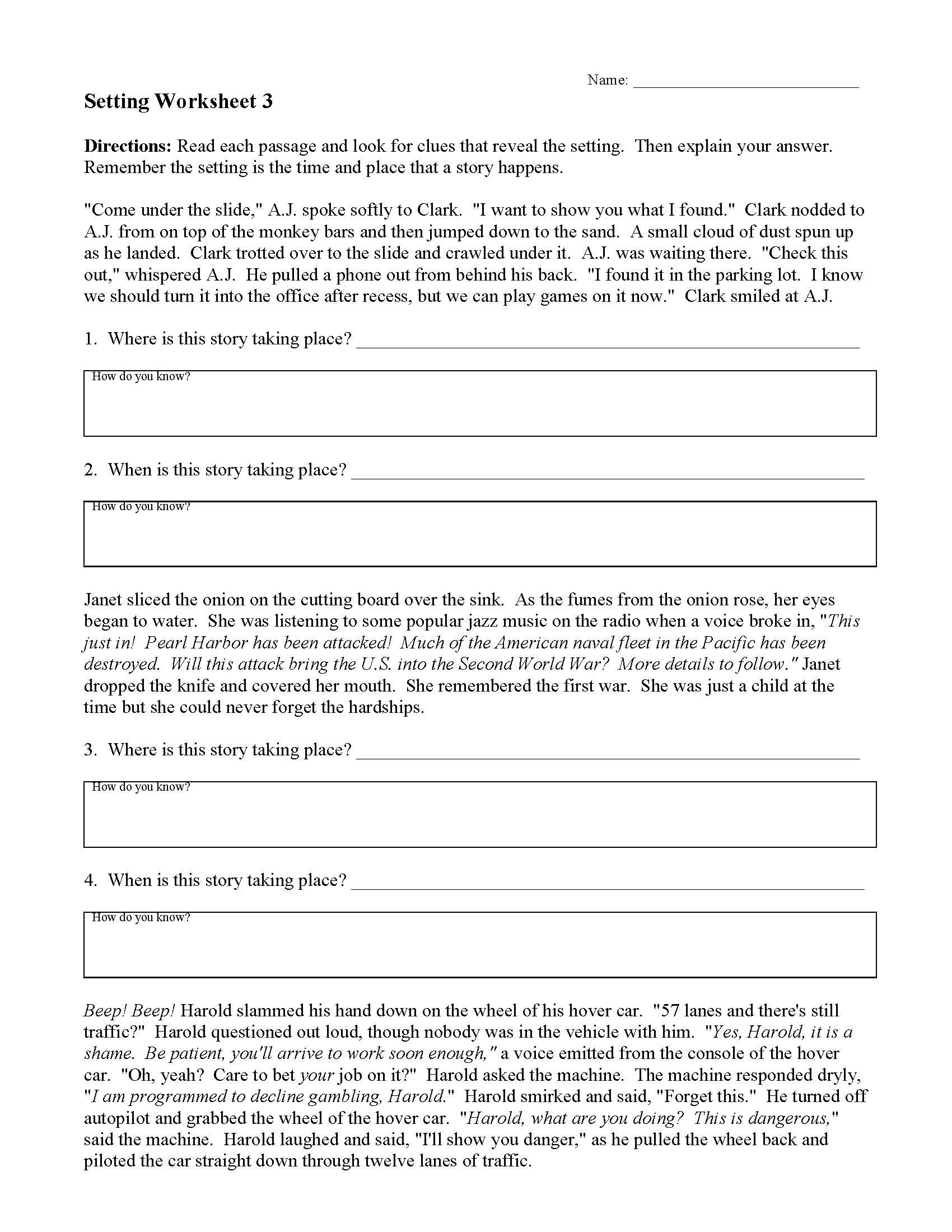Setting Worksheet 3 Reading Activity Setting Worksheet 3 Reading Activity