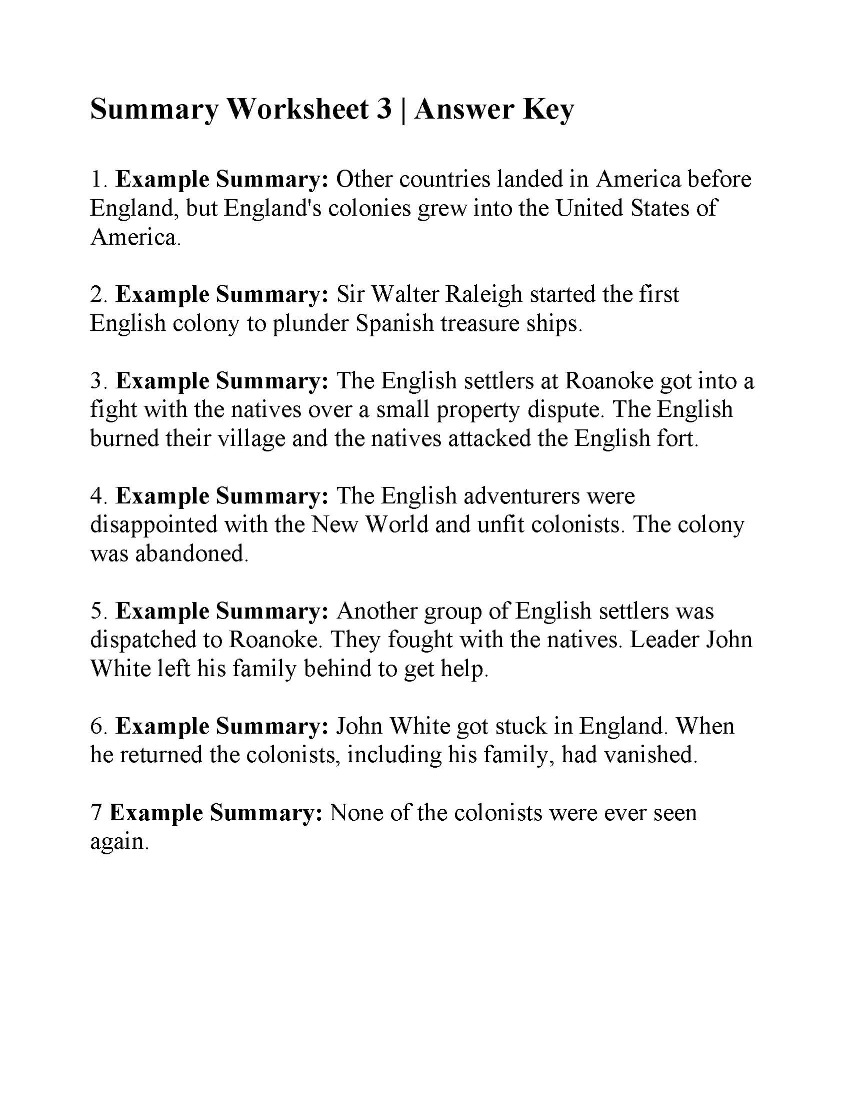 Summary Worksheet 3 Answers