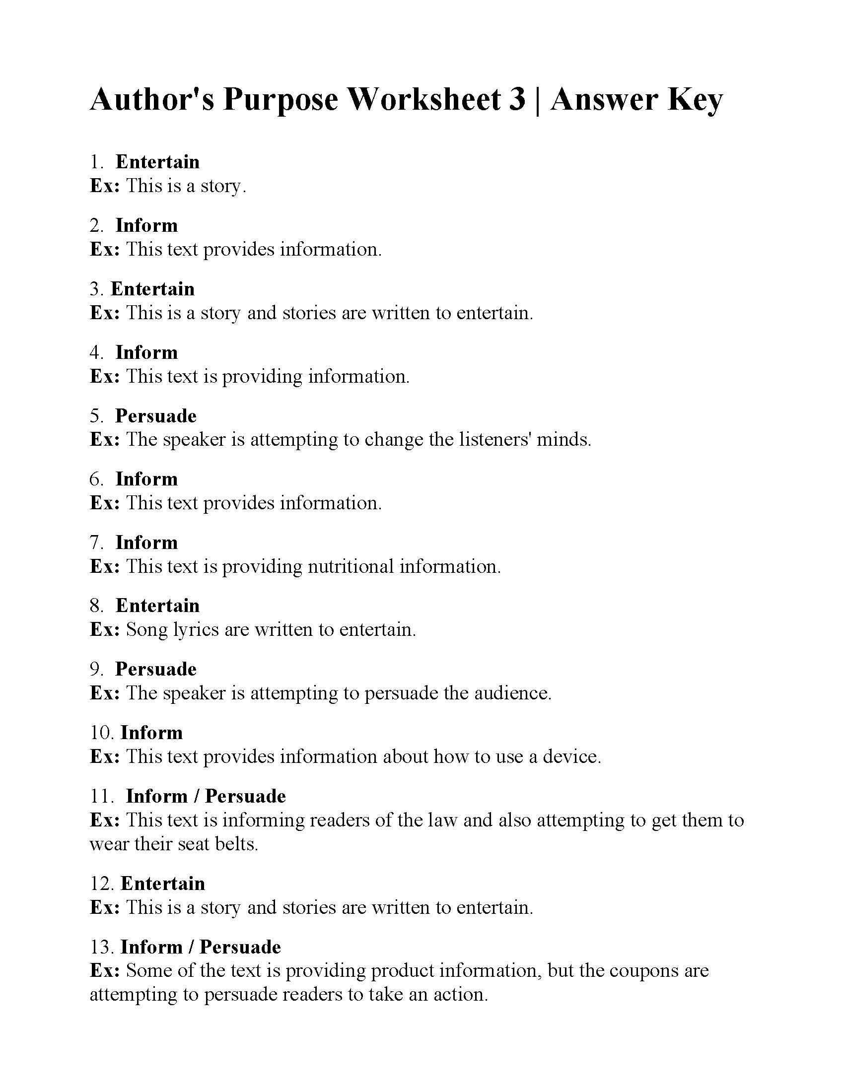 Author s Purpose Worksheet 3 Answers