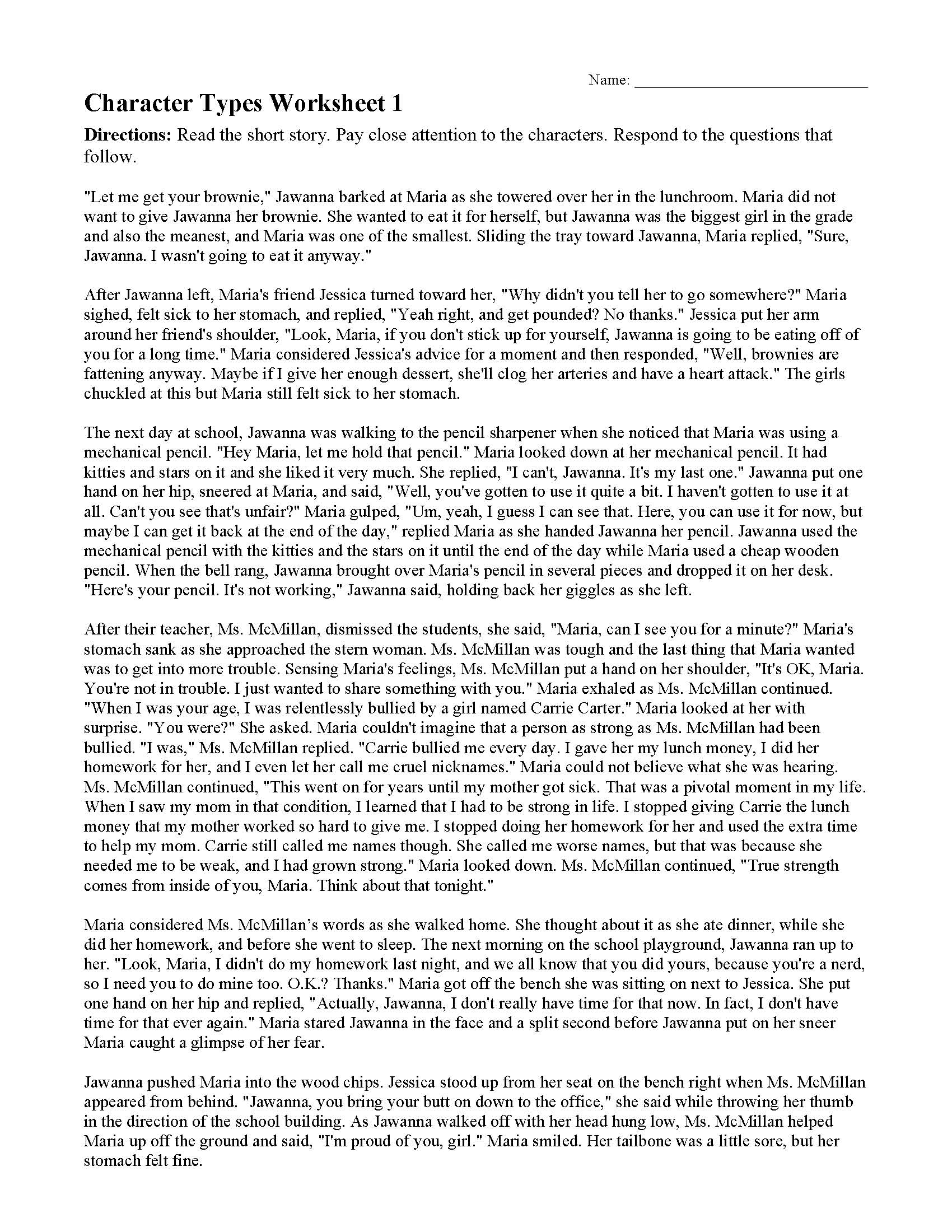 Character Types Worksheet 1 Preview