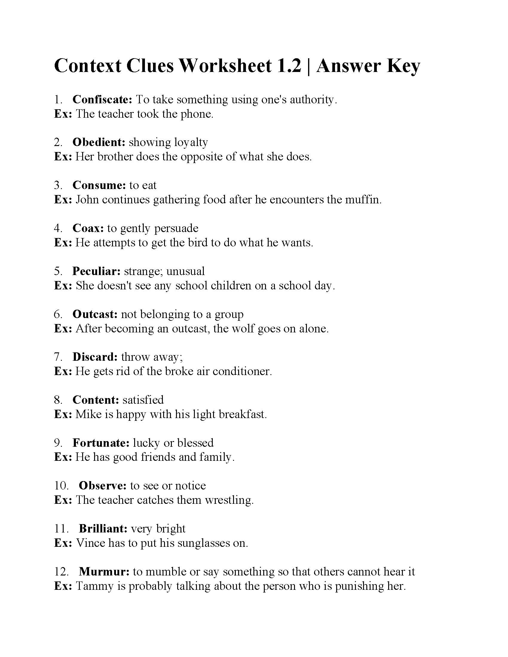 Context Clues Worksheet 1 2 Answers