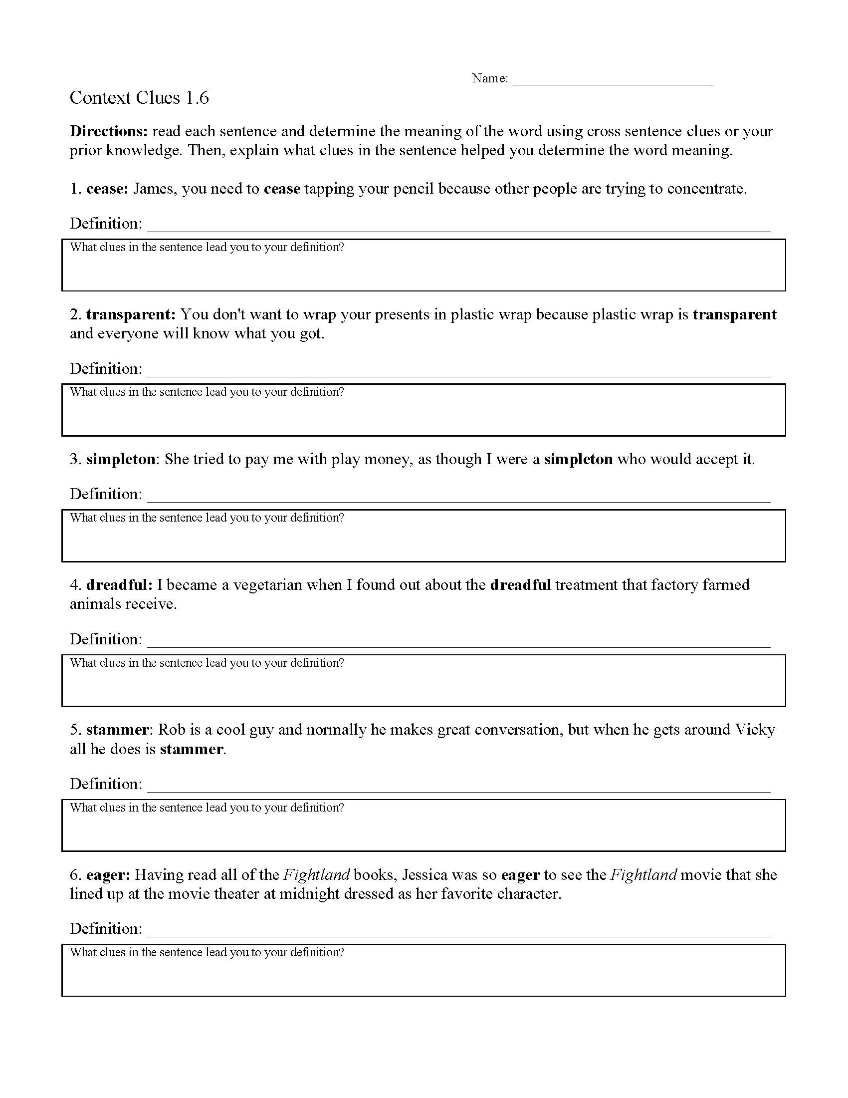 Context Clues Vocabulary Worksheets