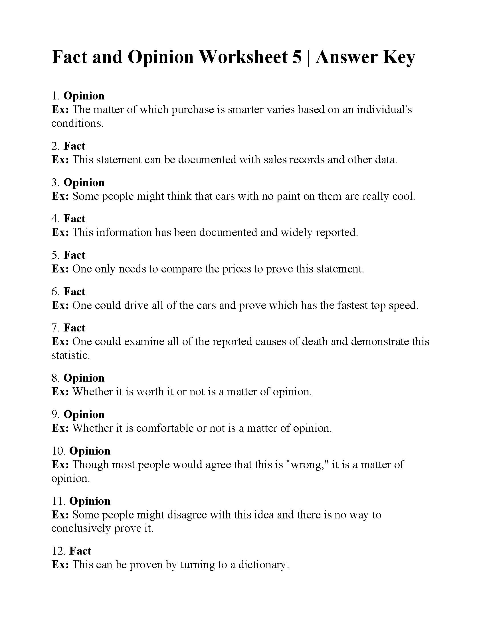 Fact And Opinion Worksheet With Answers