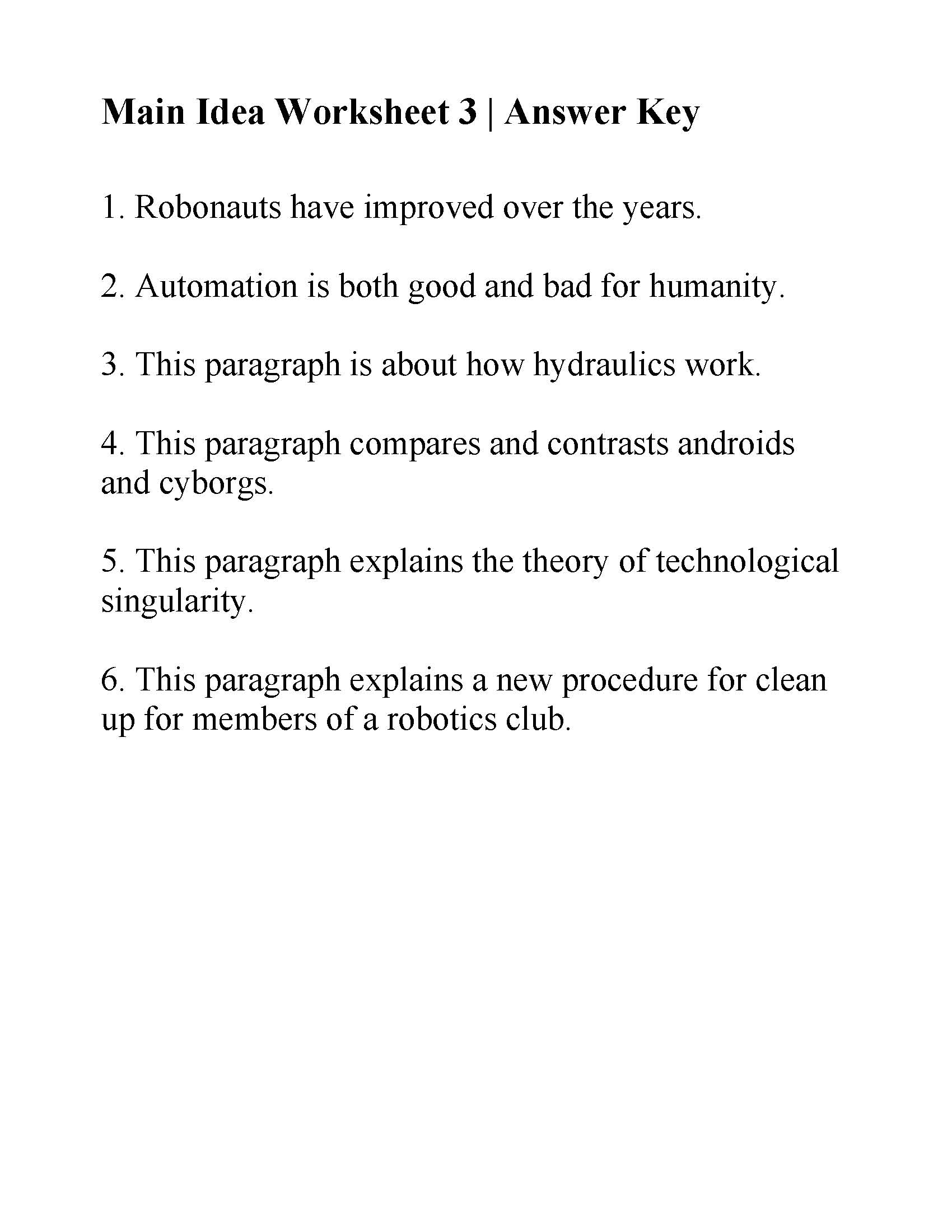 Main Idea Worksheet 3 Answers