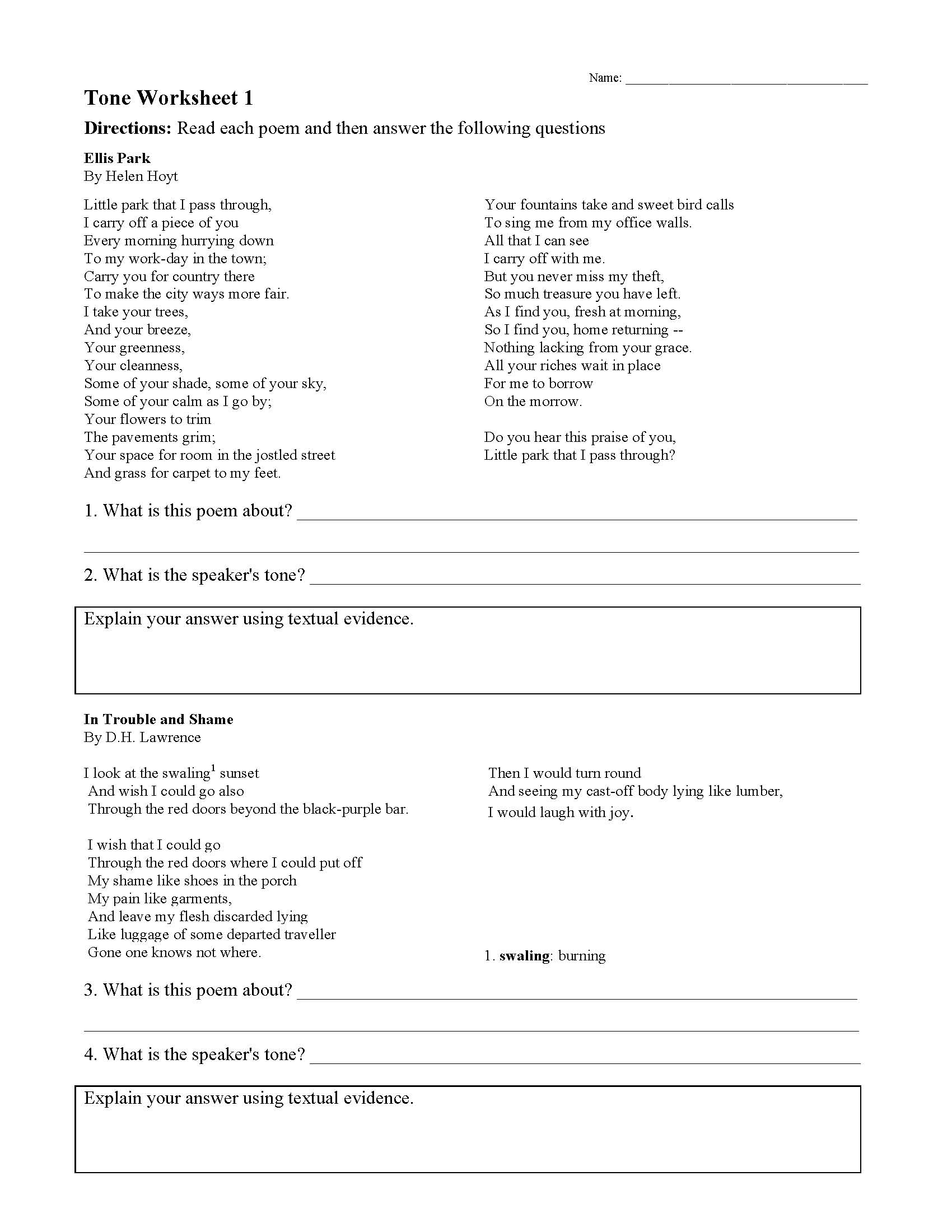 Tone Worksheet 1 | Reading Activity Tone Worksheet 1 | Reading Activity