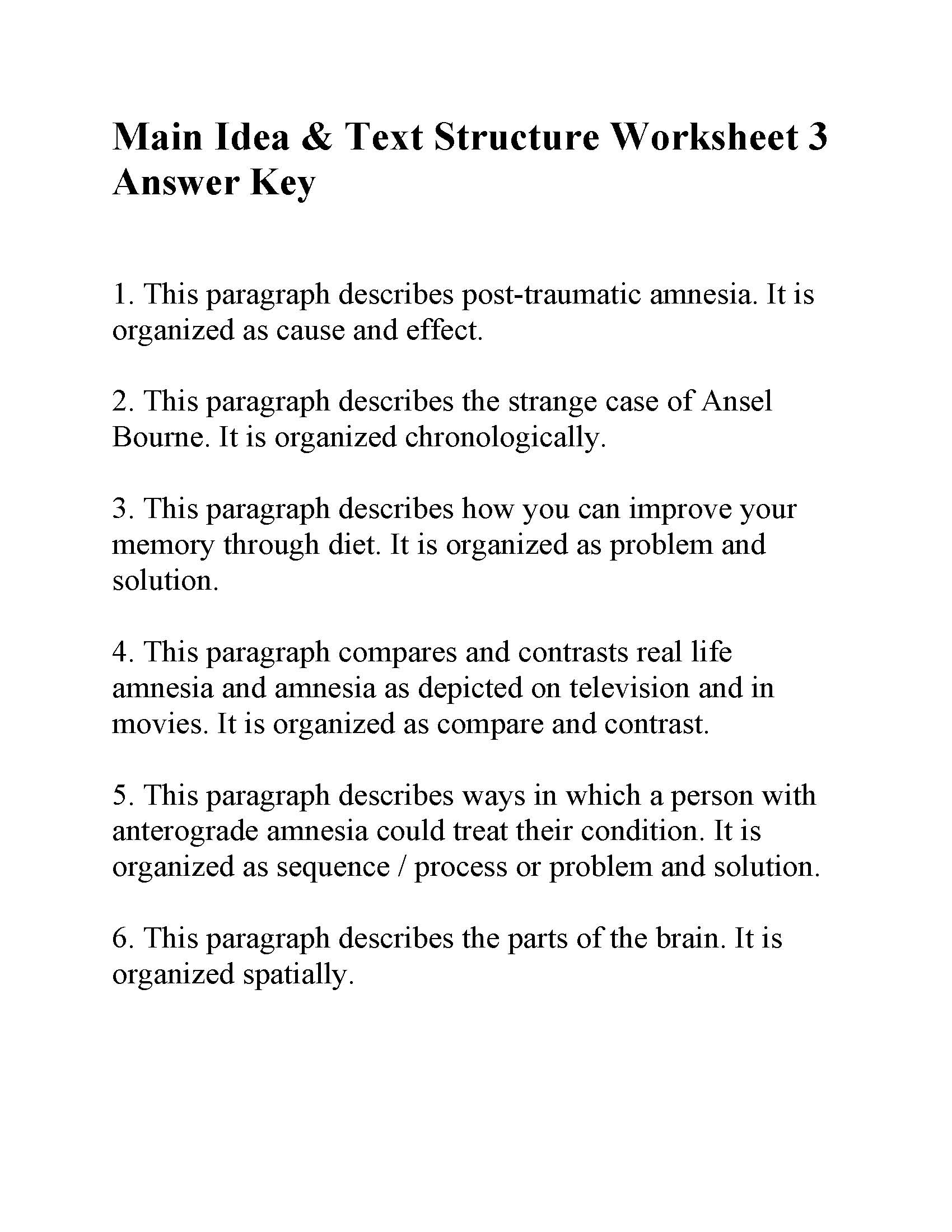 Main Idea And Text Structure Worksheet 3 Answers