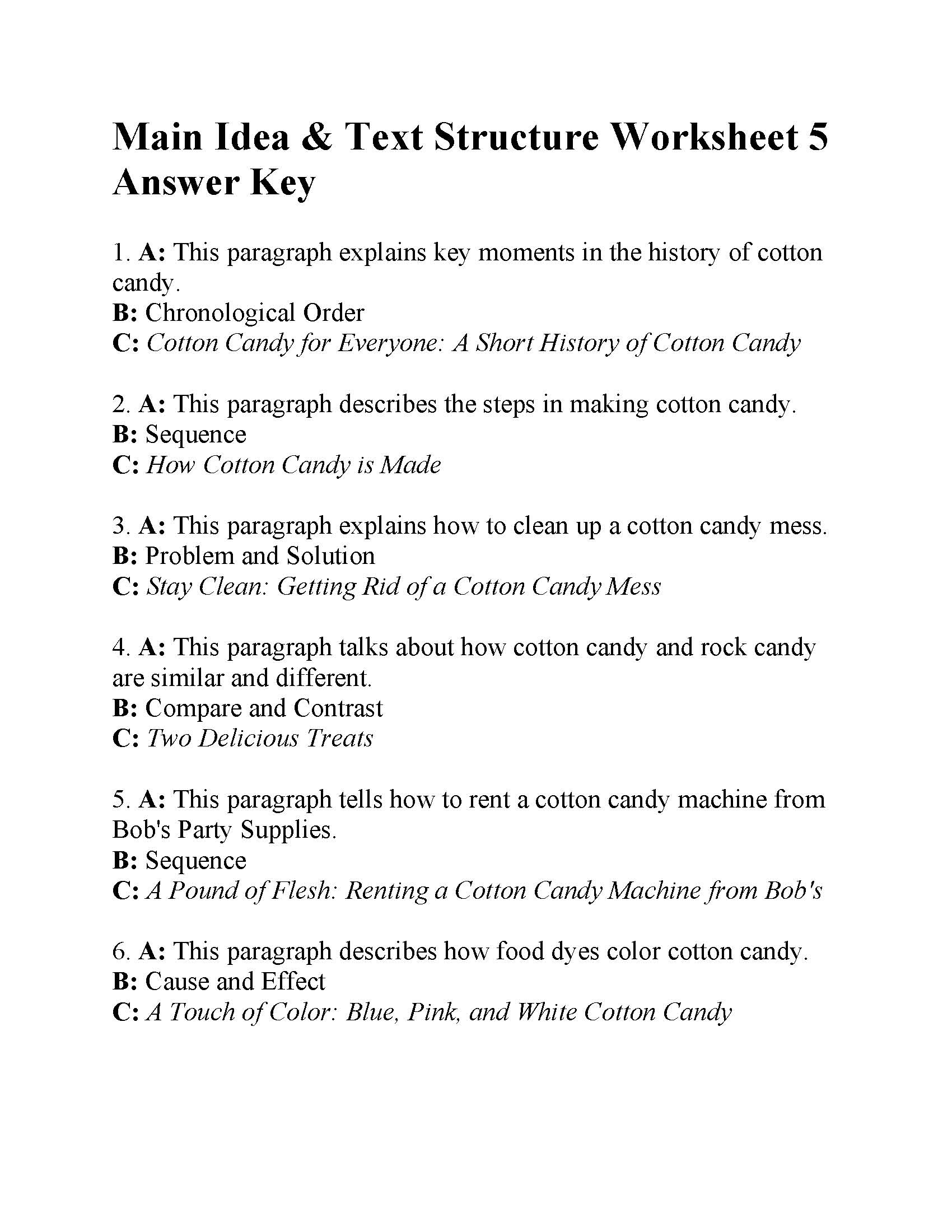 Main Idea And Text Structure Worksheet 5 Answers