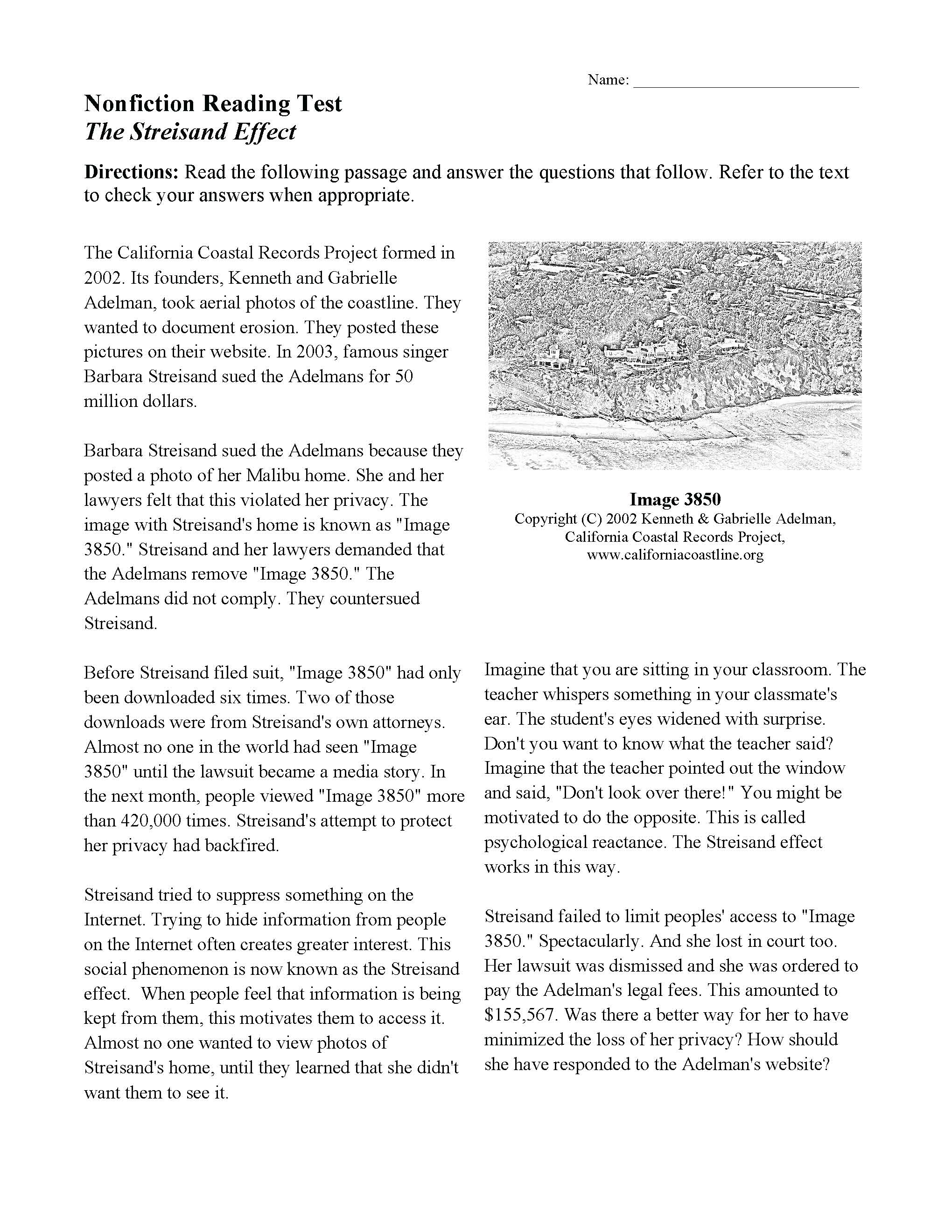 Nonfiction Reading Comprehension Worksheet